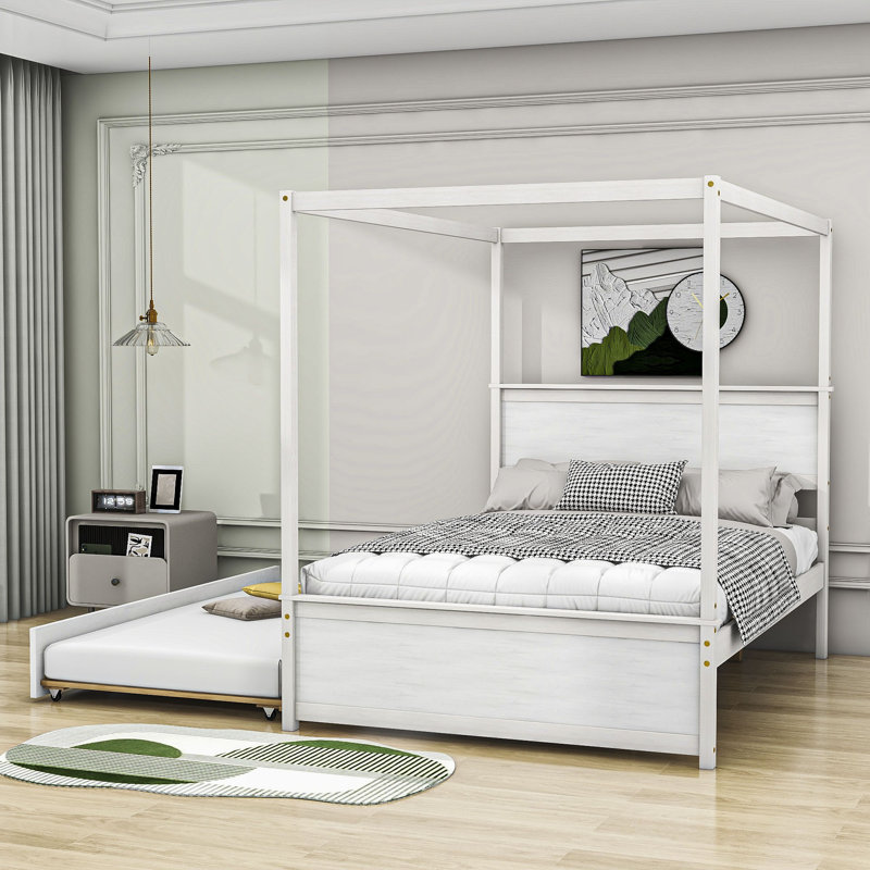 Ignaz Full Size Wood Canopy Bed with Headboard and Slats Harriet Bee Color White